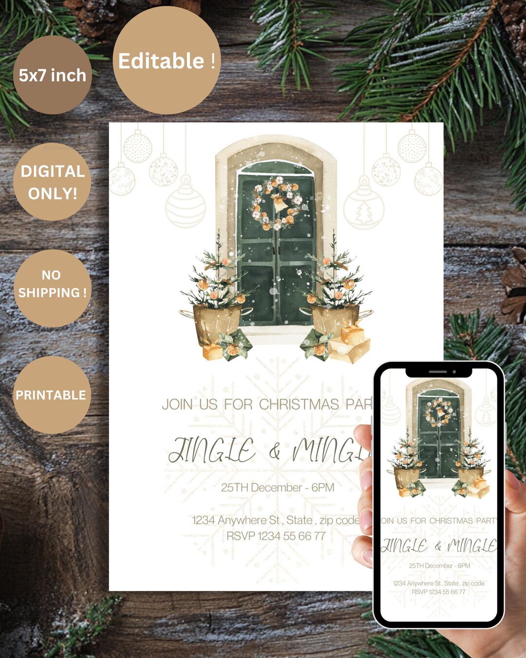 Rustic Christmas Door Invitation - Jingle & Mingle Editable Holiday ...