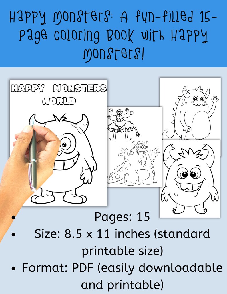 Fun and Adorable Happy Monsters Digital Coloring Book - Printable PDF ...