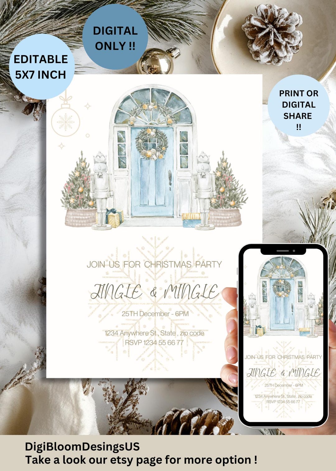 Jingle and Mingle Christmas Party Invitation Blue Rustic Nutcracker ...