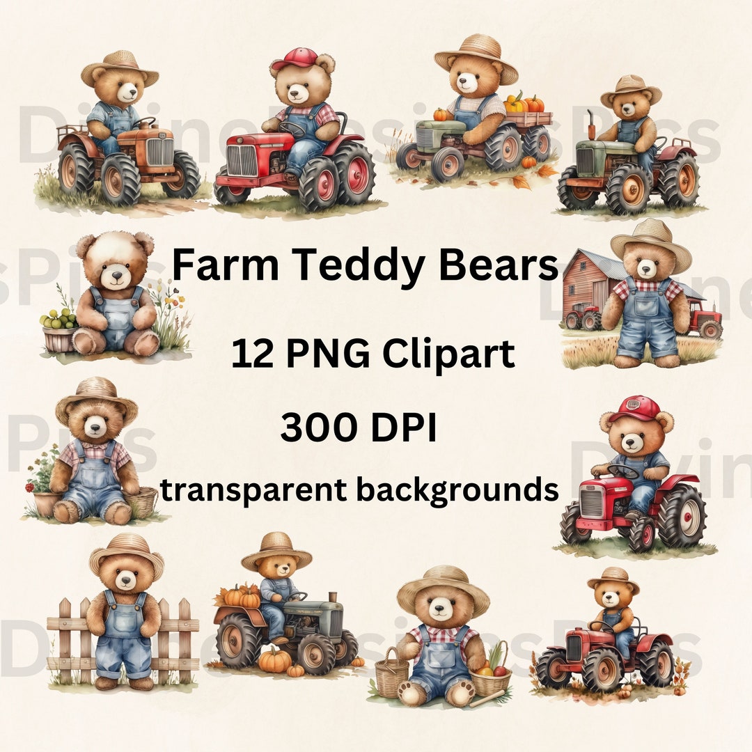 Farm Teddy Bear Clipart, Teddy Bear on Tractor, Watercolor Teddy Bears ...