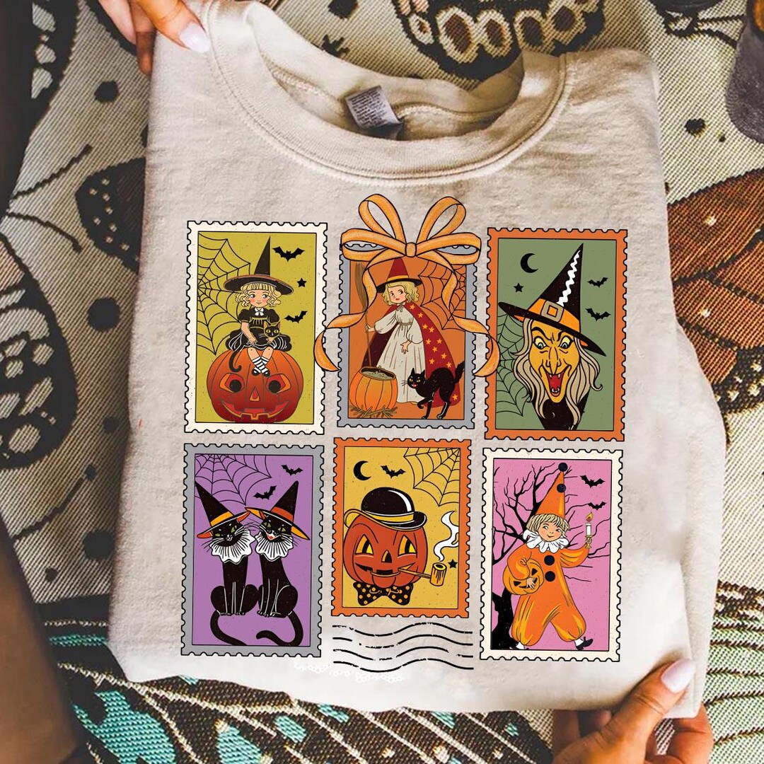 Vintage Halloween Postage Stamp PNG, Retro Witch Cat Pumpkin Digital ...