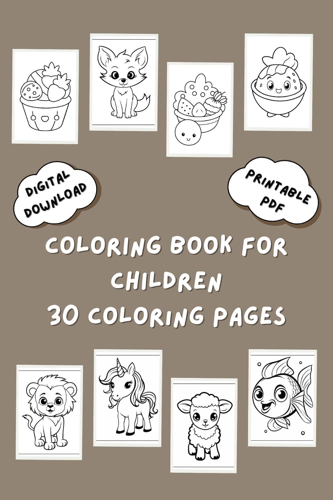 30 Adorable Food & Animal Coloring Pages: Printable PDF - Digital ...
