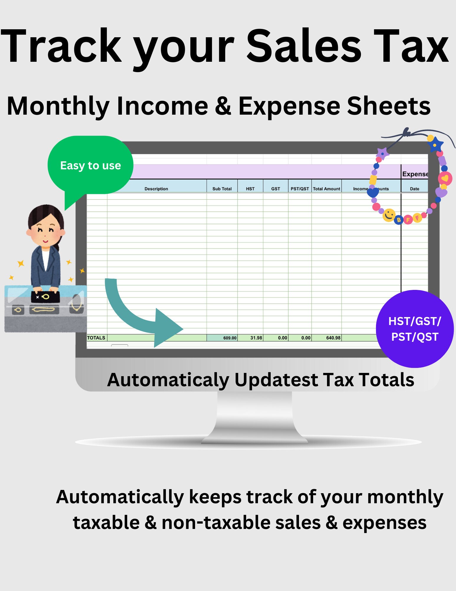 Monthly Income/expense Tracker- Sales Tax Tracker- Automated 12 Month ...