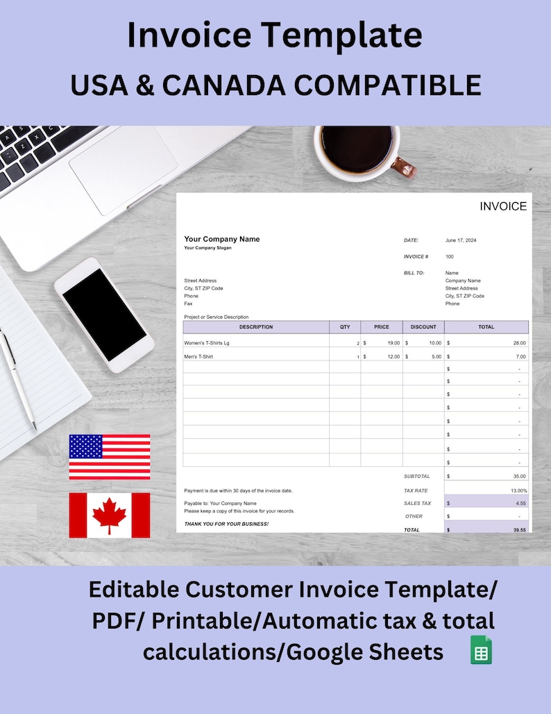 Invoice Template/ USA & Canada Compatible/ Editable/ Instant Download ...