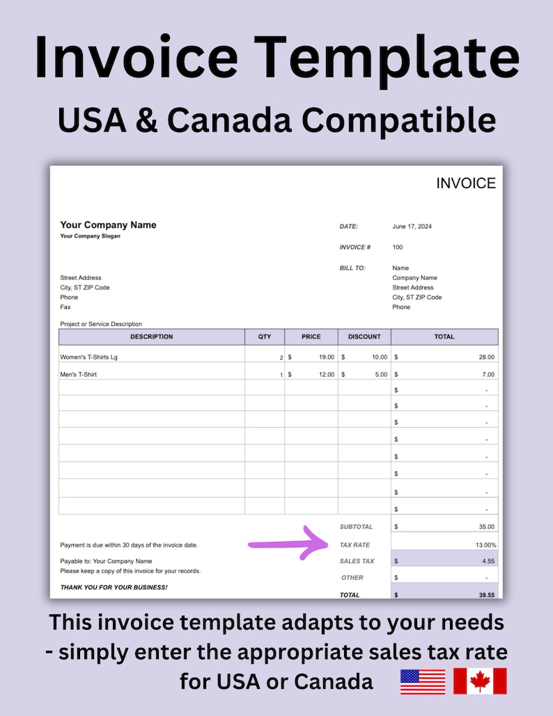 Invoice Template/ USA & Canada Compatible/ Editable/ Instant Download ...