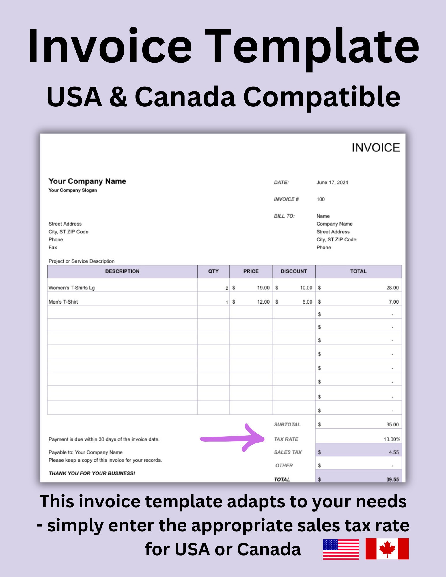Invoice Template/ USA & Canada Compatible/ Editable/ Instant Download ...