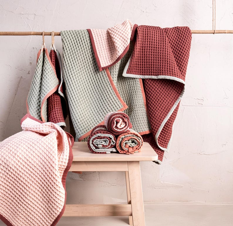 Beige Waffle Weave Cotton Towel Set: Rust Trim Bath & Hand Towels - Etsy