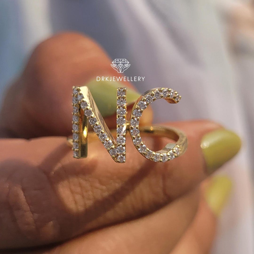 Custom Initial Letter Ring 14K Gold, Round Lab Grown Diamond Letter ...