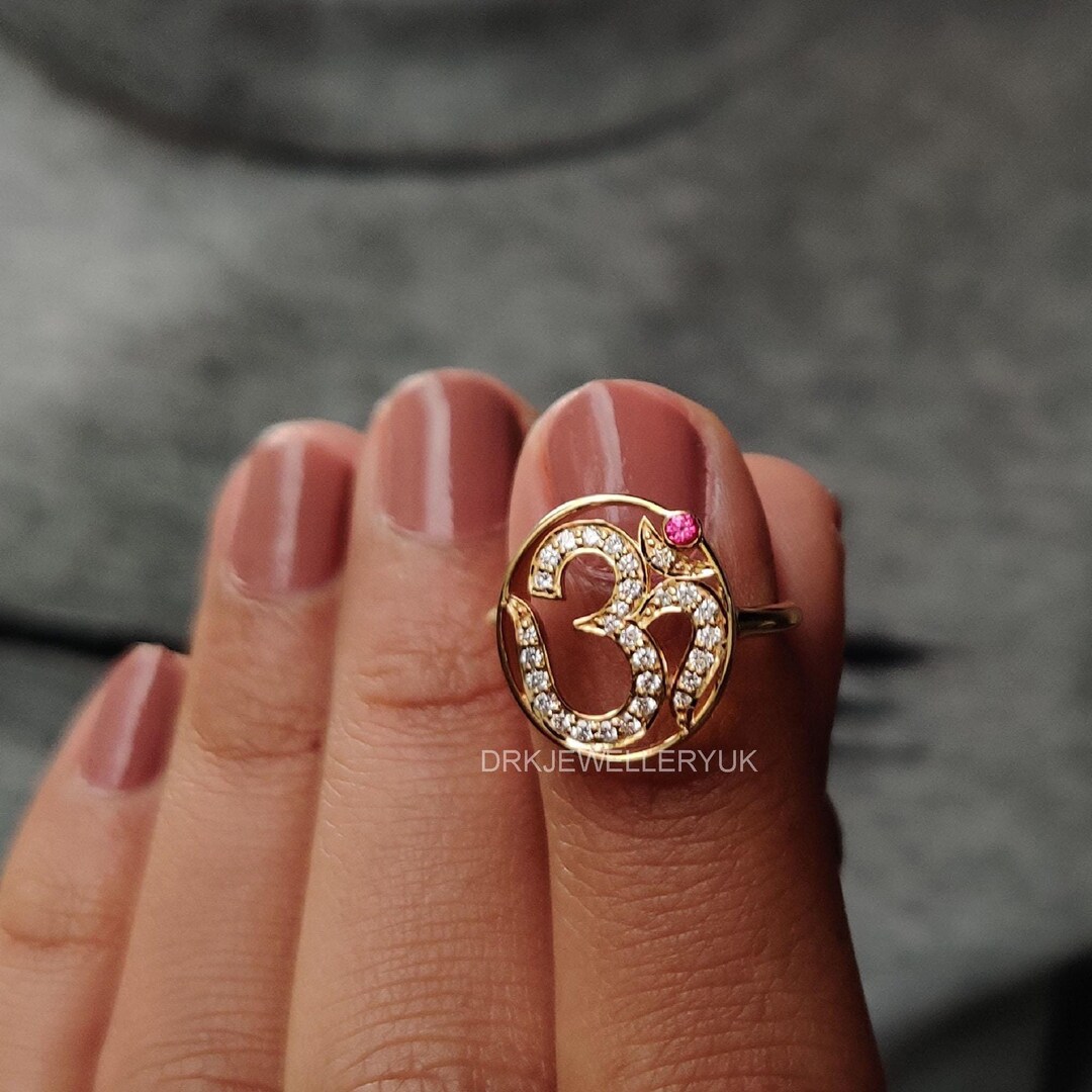 OM Diamond Ring, Round Cut Lab Grown Diamond Ring, 14K Yellow Gold ...