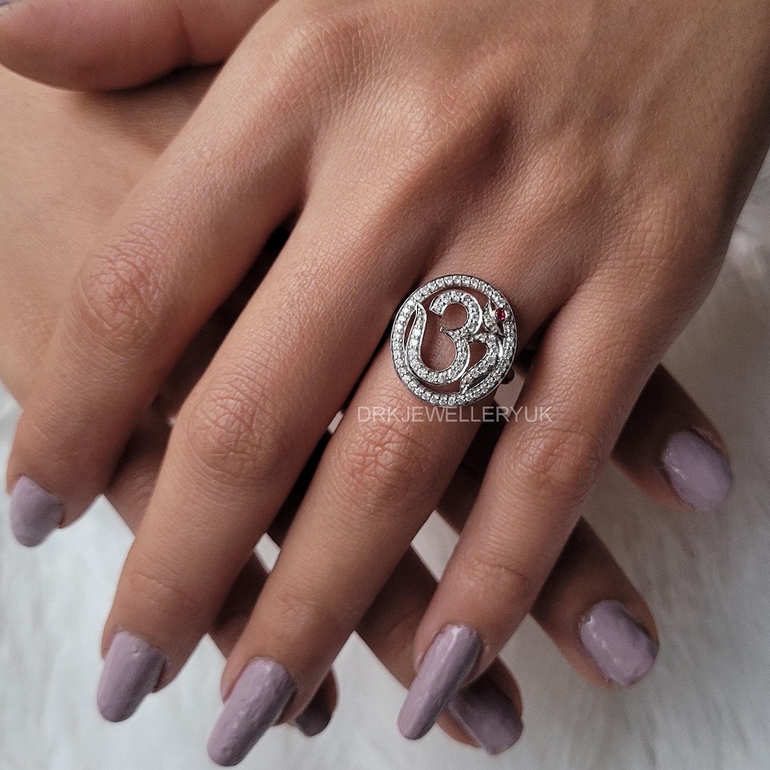 OM Diamond Ring, Round Cut Lab Grown Diamond Ring, 14K White Gold ...