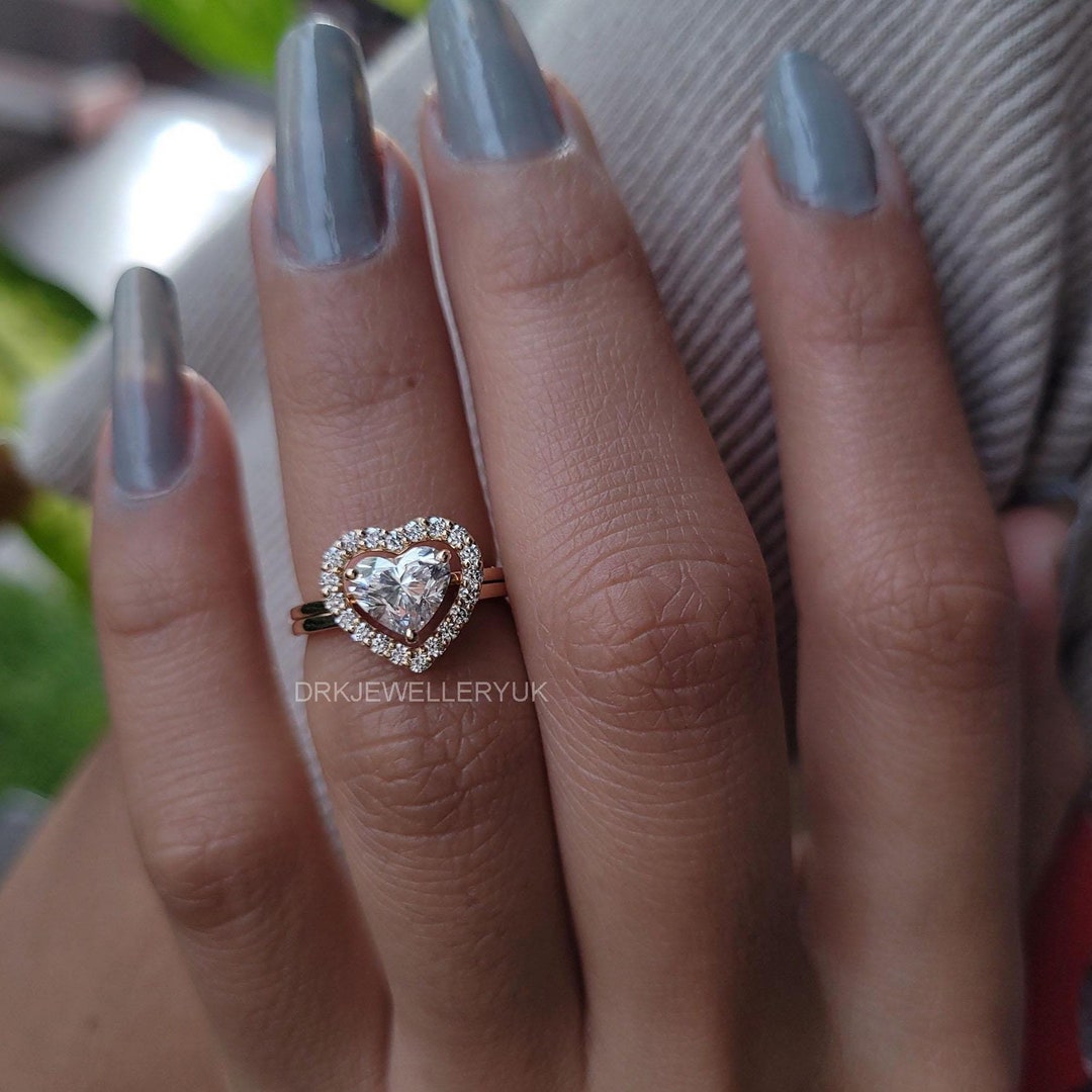 Heart Cut Lab Grown Diamond Engagement Ring Set, 14K Yellow Gold Halo ...