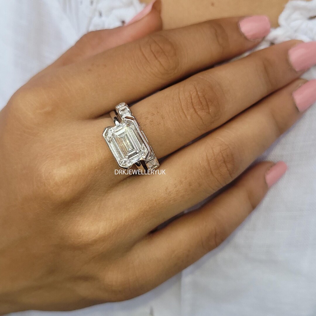 5 Ct Emerald Engagement Ring Set, 14K White Gold Solitaire Wedding Ring ...
