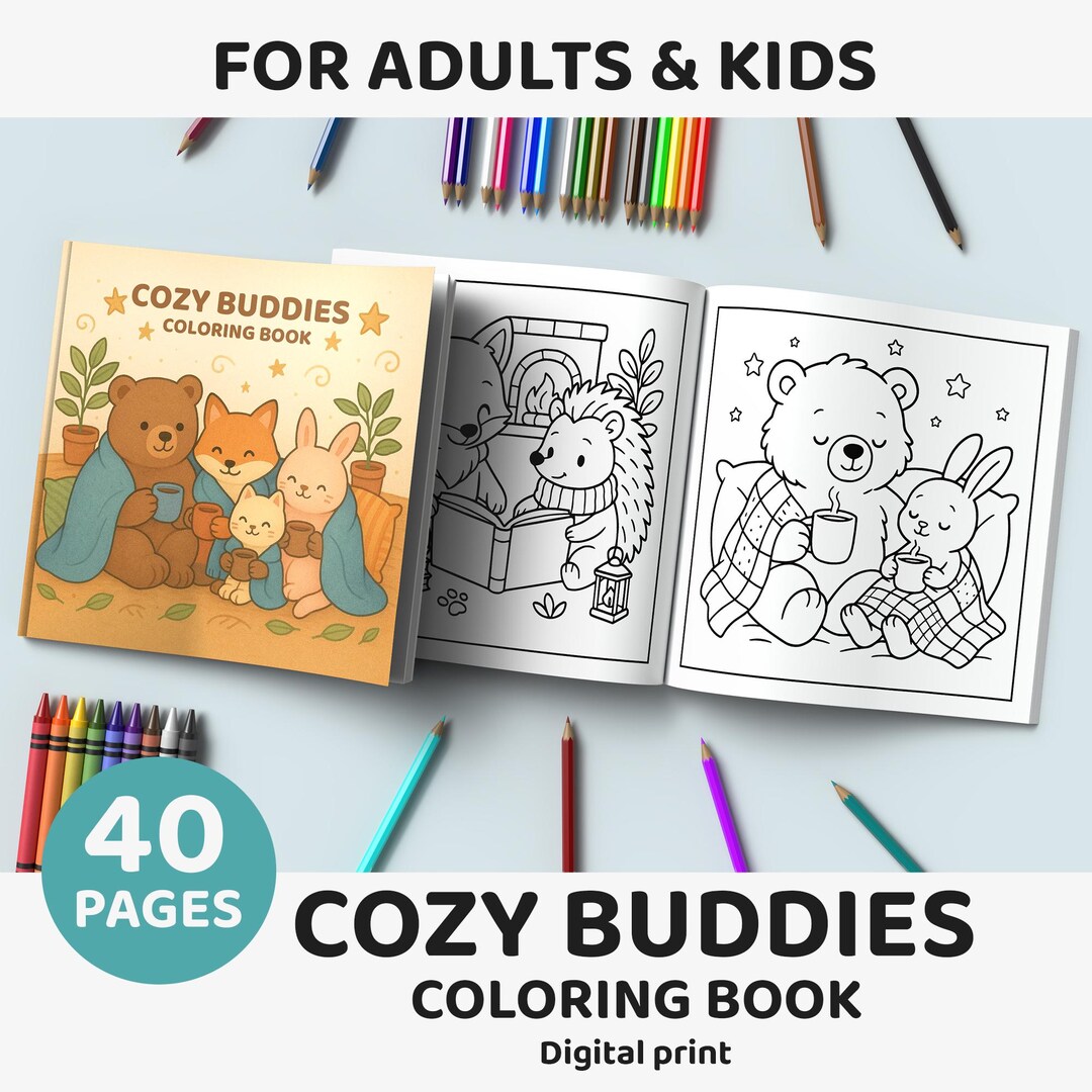Cozy Buddies Coloring Book for Adults and Kids | Cute Animal Coloring ...