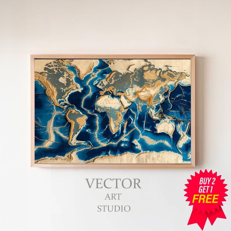 Ocean Floor Map Art Scientific Print Map Vintage Map Ocean Wall Decor ...