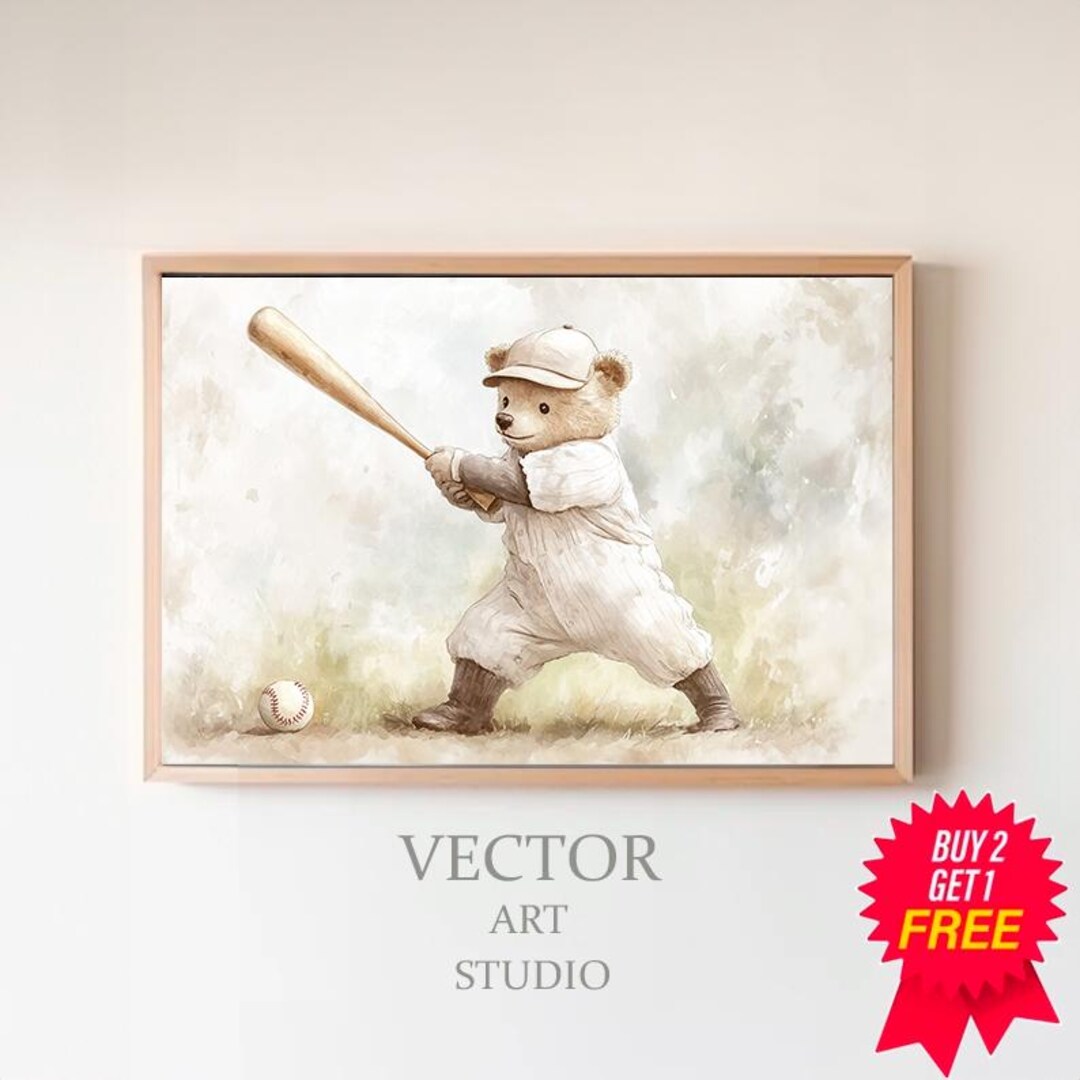 Bear Playing Baseball Nursery Decor, Baseball Nursery Art, Kids Room ...