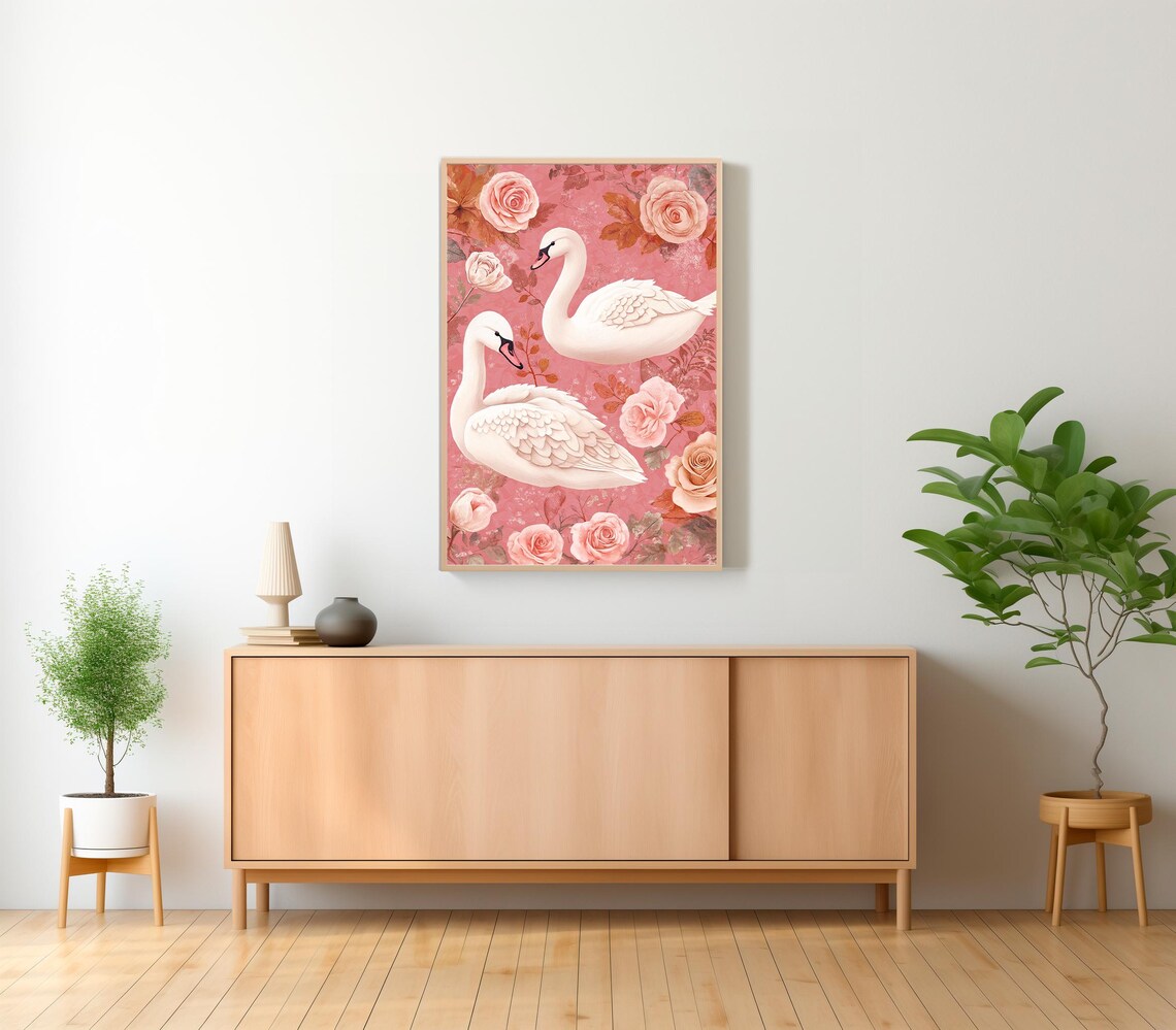 Retro Girly Swan Printable, Light Pink Aesthetic Wall Art, Coquette ...