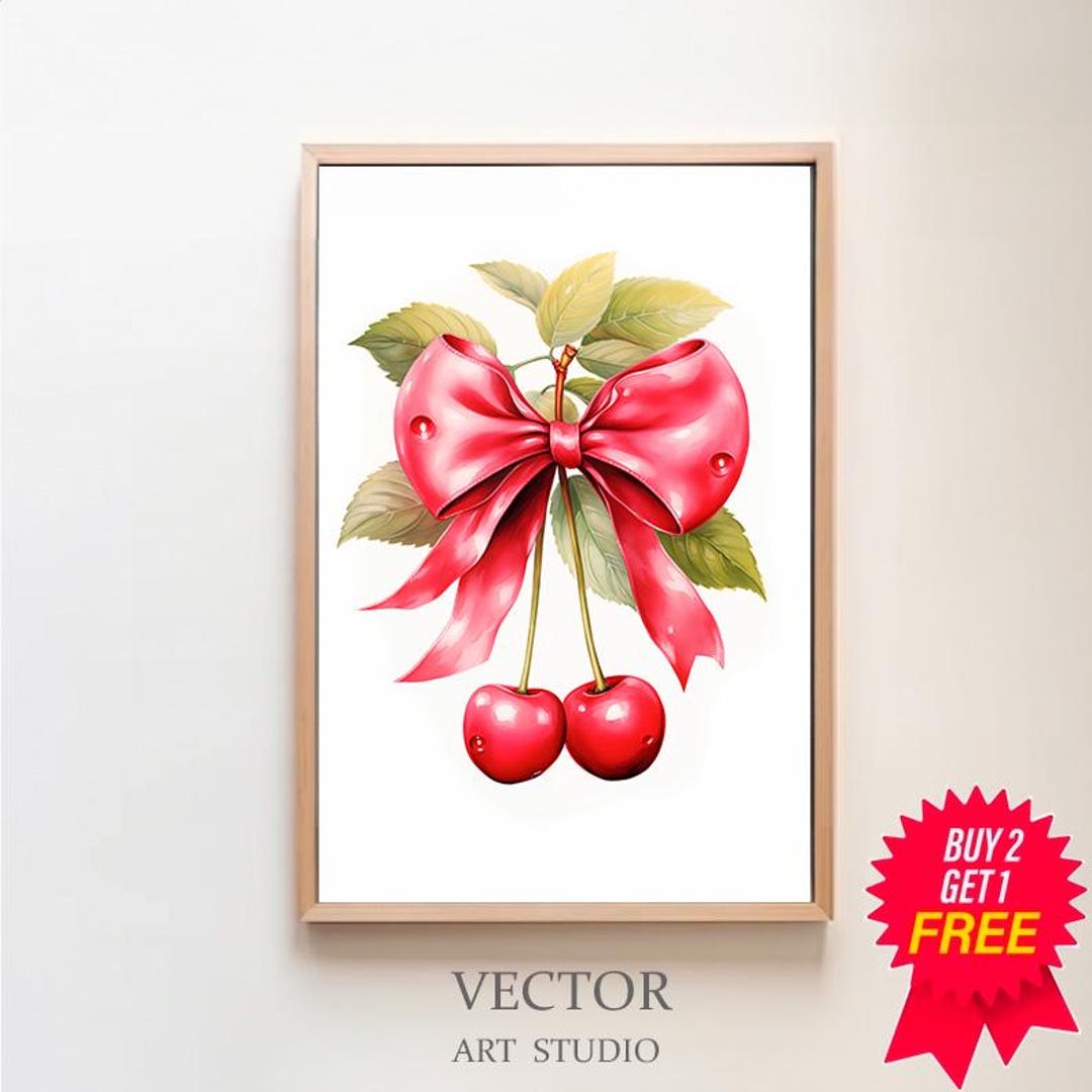 Cherry Wall Art Print, Printable Feminine Poster, Trendy Wall Art, Coquette Pink Bow Soft Girl ...