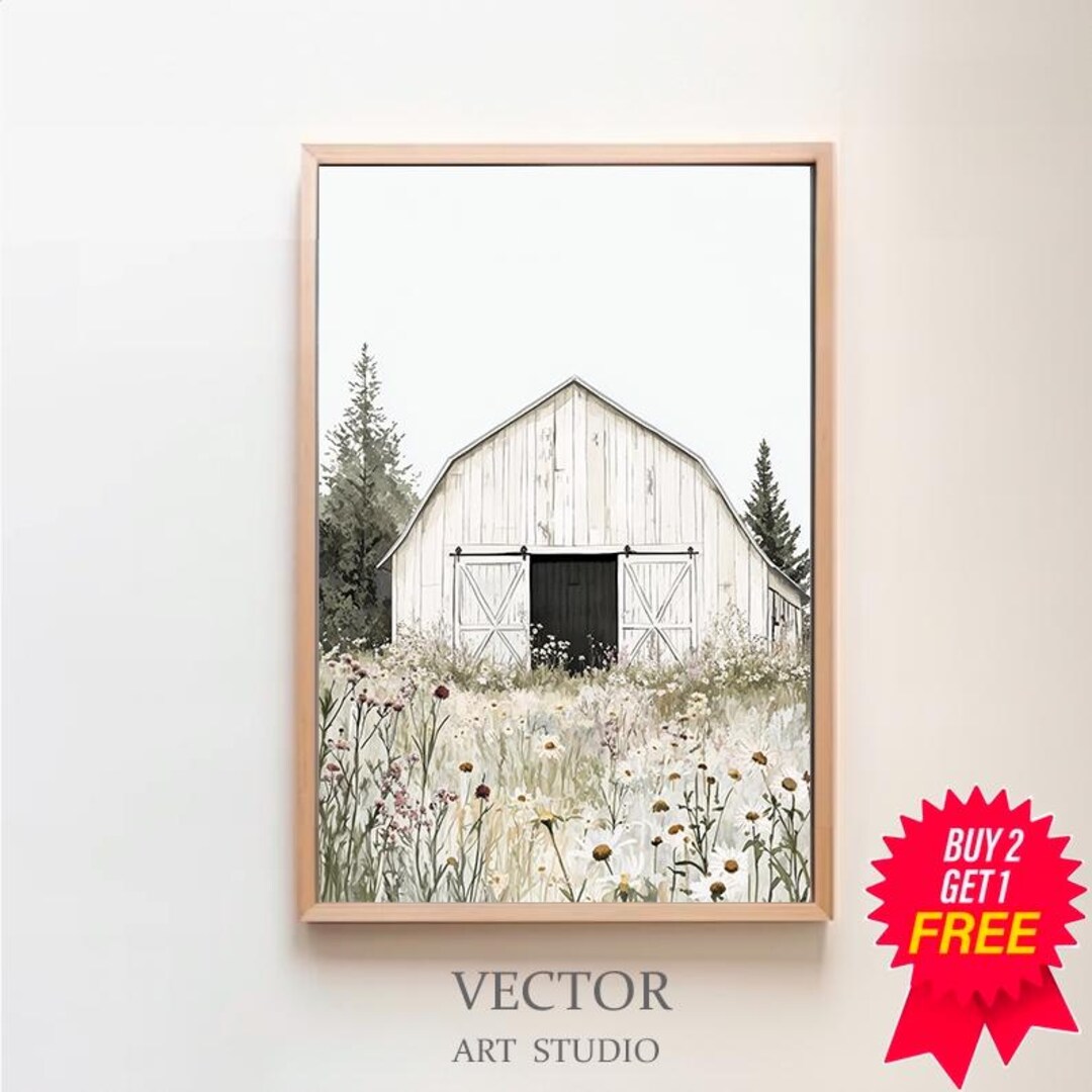 Printable Rustic Barn Art, White Barn Painting, Rustic Farmhouse Summer ...