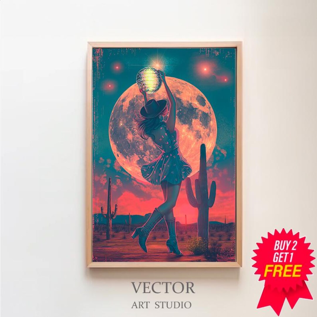 Retro Cowgirl Holding Disco Ball in Space Desert Wall Art, Retro ...