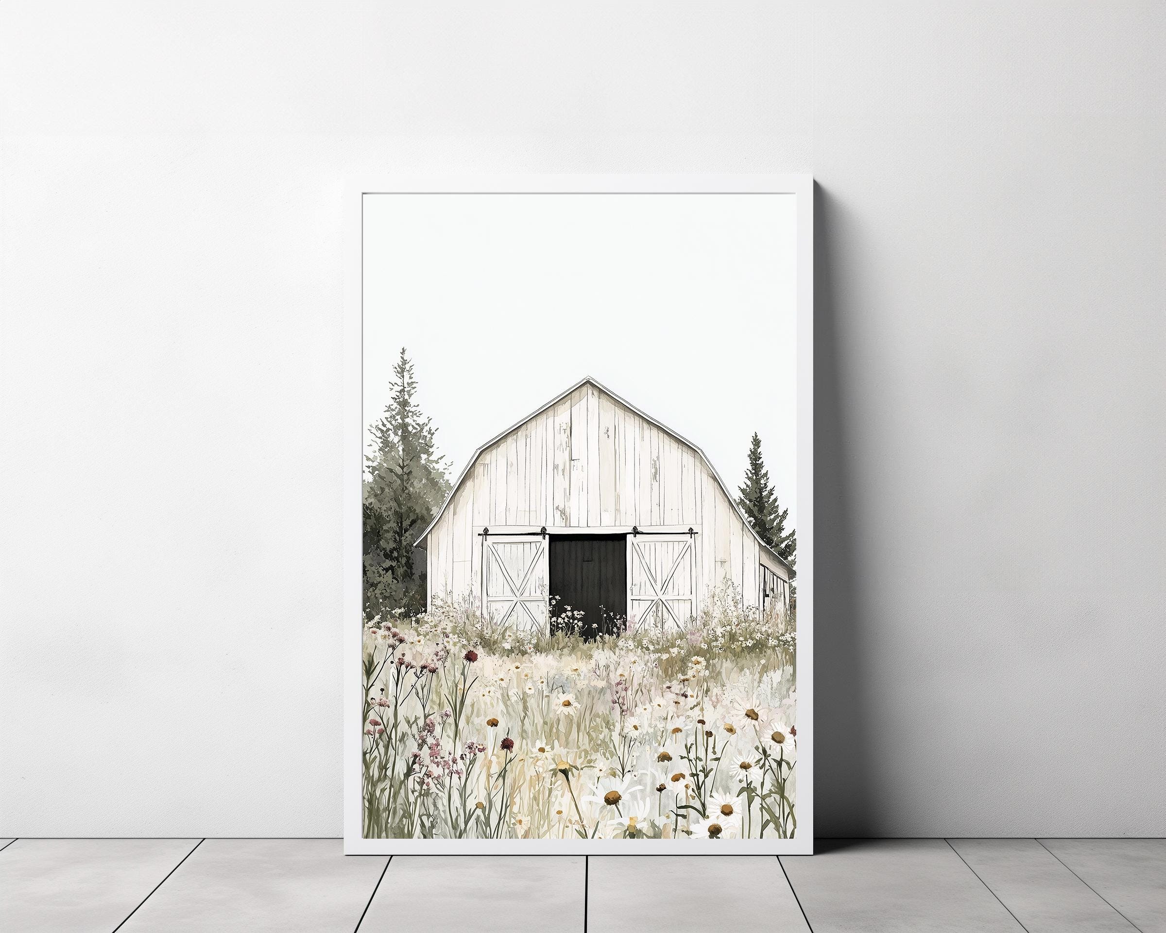Printable Rustic Barn Art, White Barn Painting, Rustic Farmhouse Summer ...