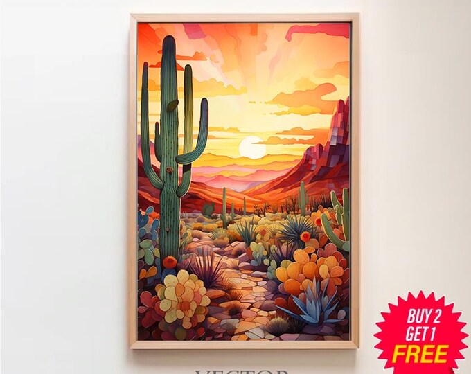 Desert Saguaro Cactus Sunset Wall Art Print Southwest Sonoran ...
