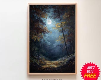 Autumn Full Moon Dark Forest Art Print | Moody Fall Wall Art ...