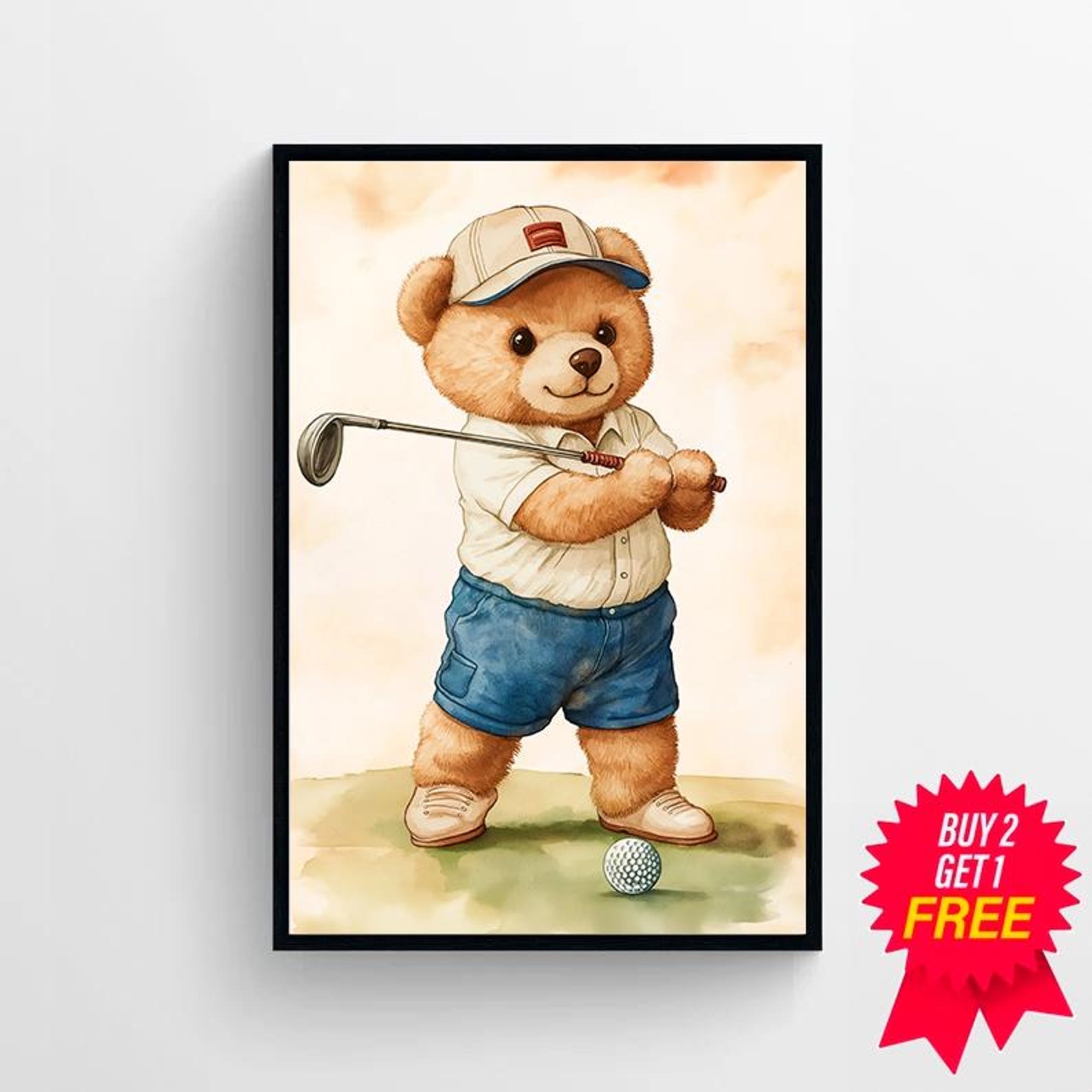 Teddy Bear Playing Golf Art Print Nursery Teddy Bear Art Nursery Sports ...