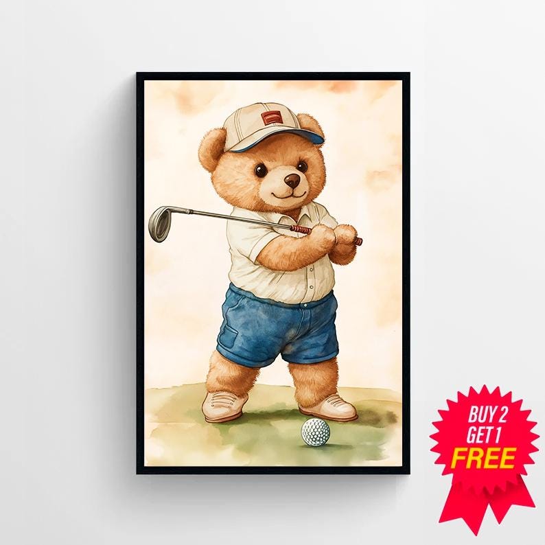 Teddy Bear Playing Golf Art Print Nursery Teddy Bear Art Nursery Sports ...