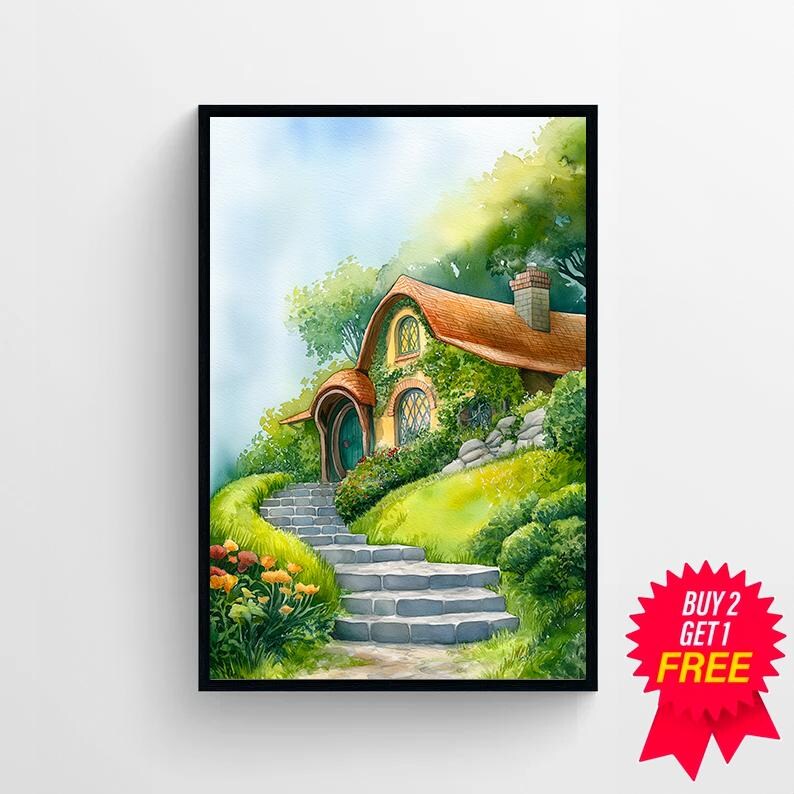 Bag End Painting, Watercolor Hobbiton Painting, Lord, Fantasy Art ...