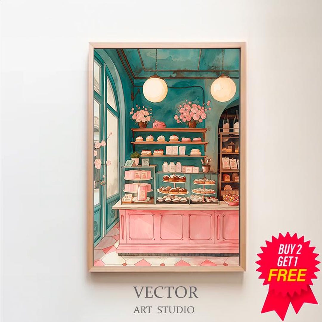 Cake Bakery Cafe Art Print, Pink Kitchen Decor, Trendy Cafe Poster ...