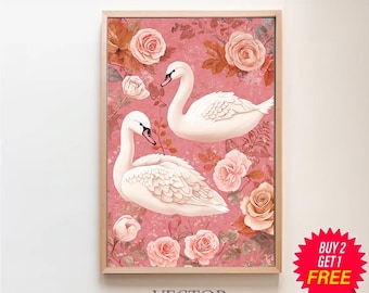 Retro Girly Swan Printable, Light Pink Aesthetic Wall Art, Coquette ...
