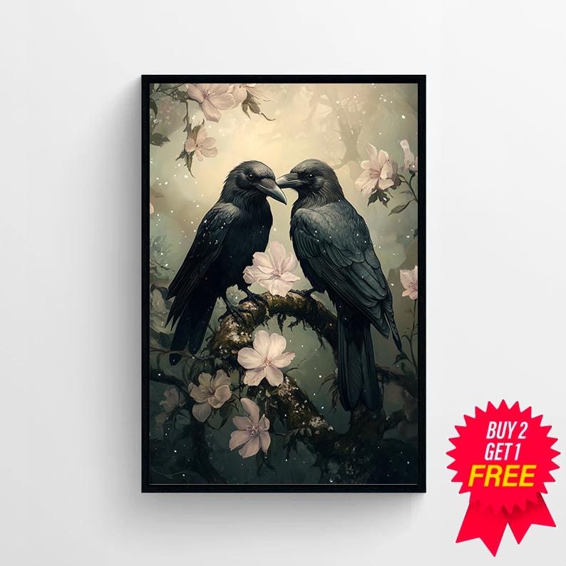 Raven Couple in Dark Forest Wall Art Print Vintage Dark Cottagecore ...