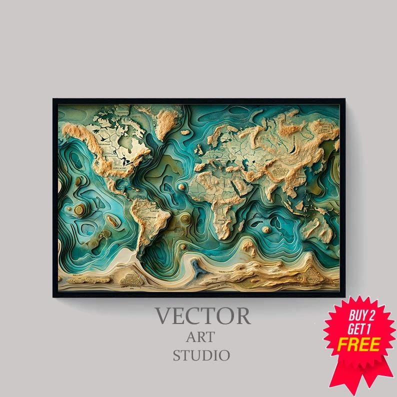 Ocean Floor Map Art Scientific Print Map Vintage Map Ocean Wall Decor ...