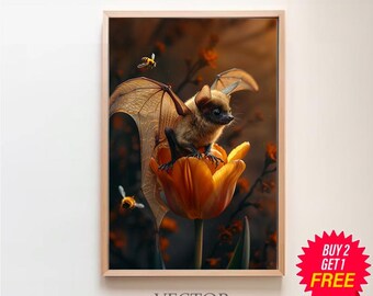 Vintage Bat Painting Bat in Spring Flowers Antique Painting, Orange ...