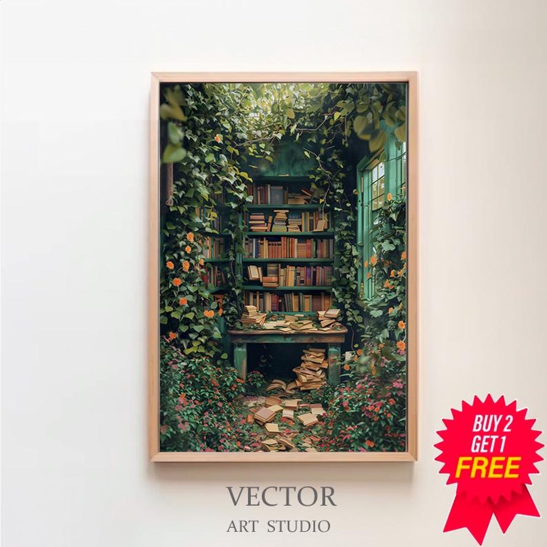 Greenhouse Library Reading Nook Painting Printable, Library Art Print ...
