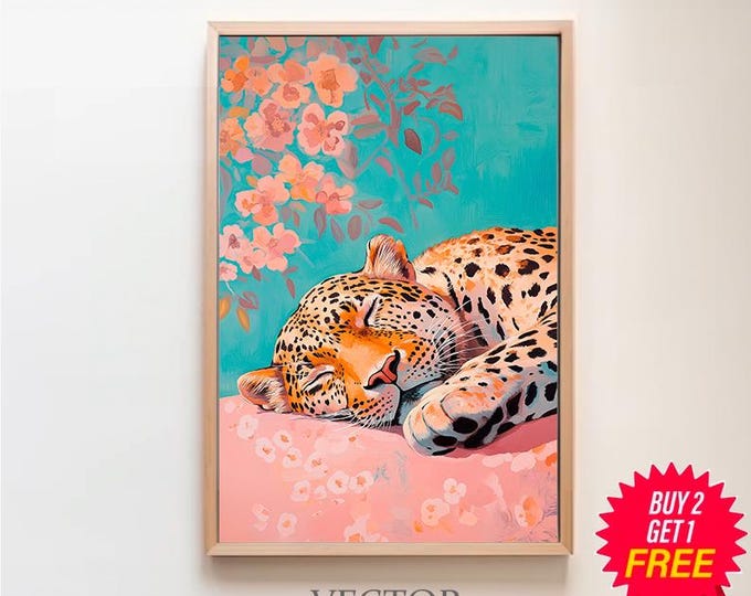 Printable Wall Art, Sleeping Leopard Maximalist Oil Painting, Kitsch ...