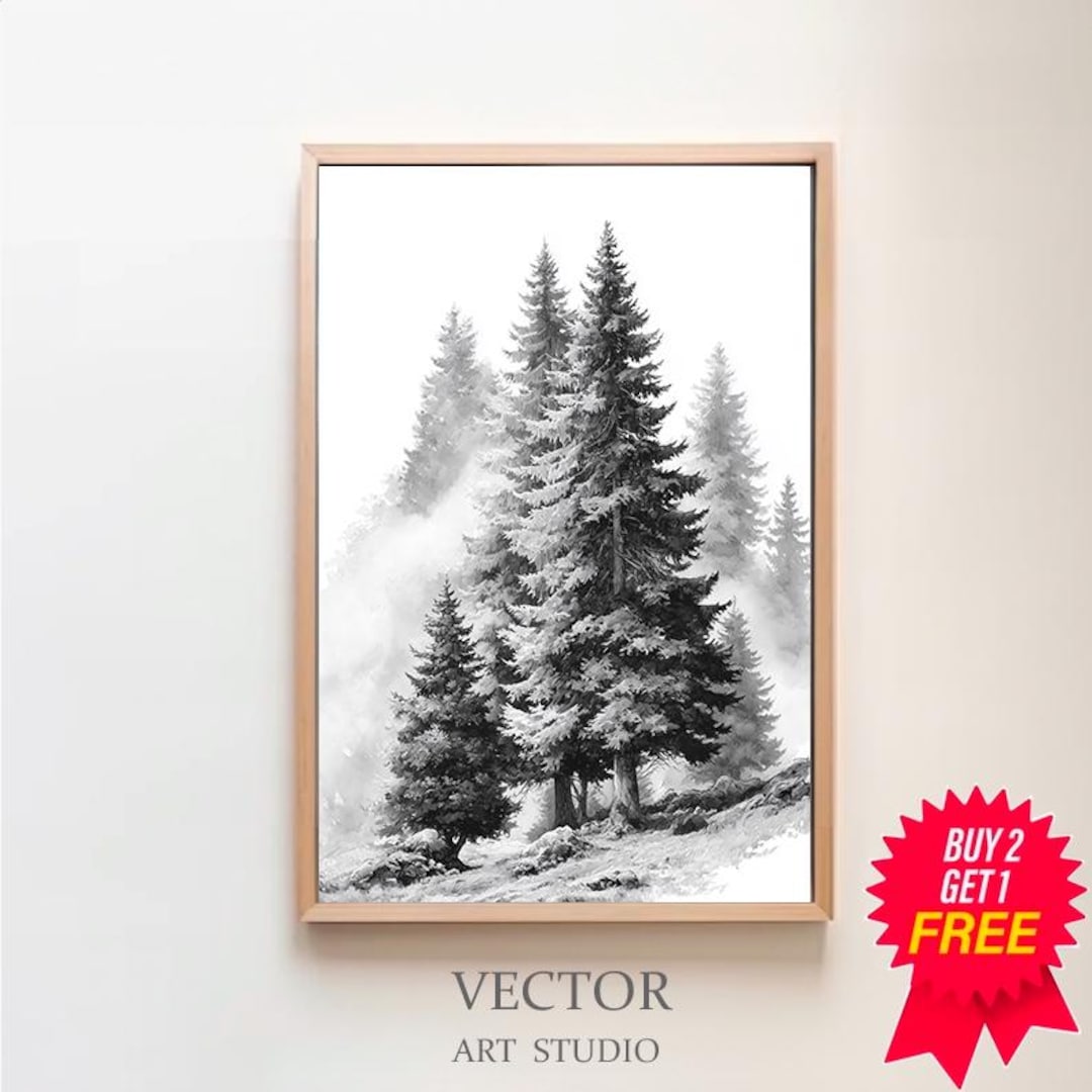 Hemlock Tree Print, Pencil Drawing Print, Vintage Forest Landscape ...