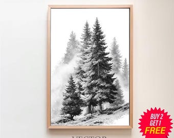 Hemlock Tree Print, Pencil Drawing Print, Vintage Forest Landscape ...