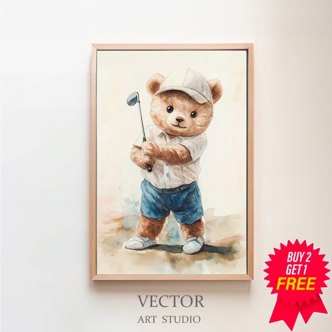 Teddy Bear Playing Golf Art Print Nursery Teddy Bear Art Nursery Sports ...