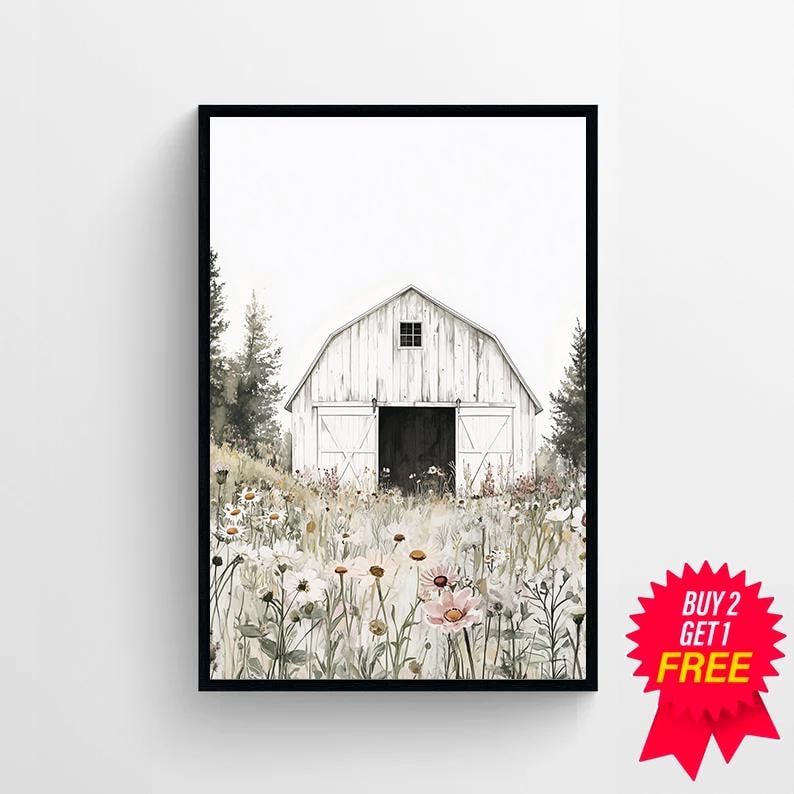 Printable Rustic Barn Art, White Barn Painting, Rustic Farmhouse Summer ...