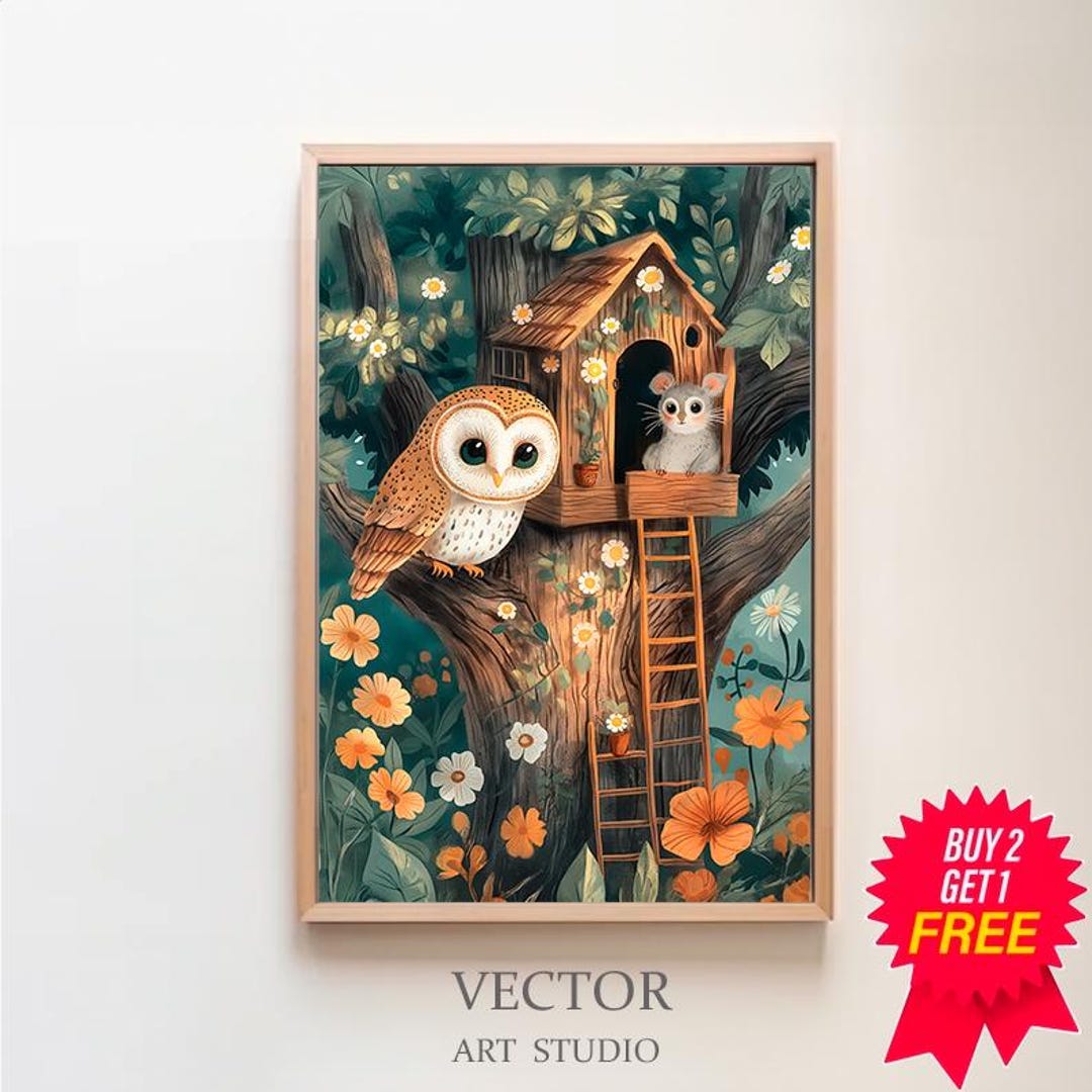 Whimsical Treehouse Nursery Wall Art, Woodland Animals Kids Poster ...