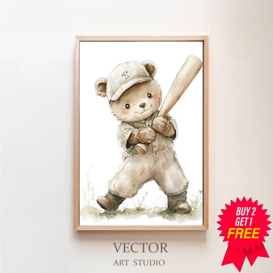 Bear Playing Baseball Nursery Decor, Baseball Nursery Art, Kids Room ...