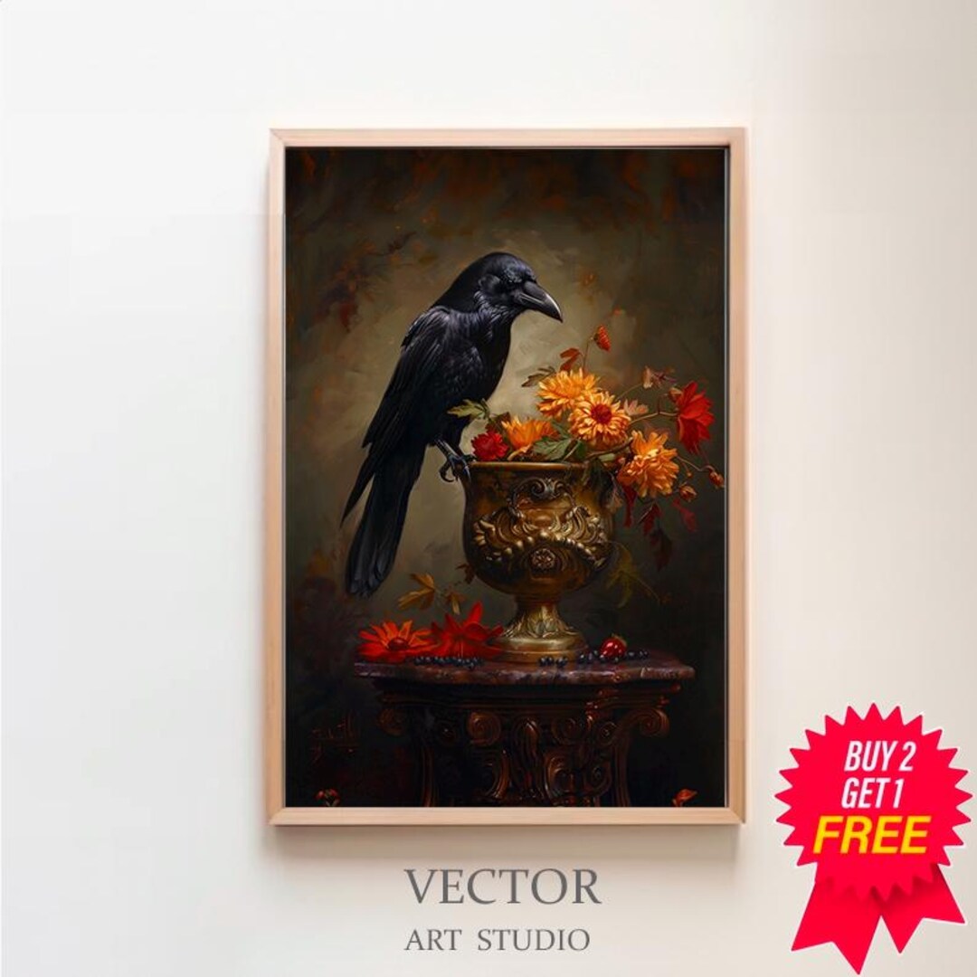 Black Raven Still Life Painting Crow Perched With Florals, Black Bird ...
