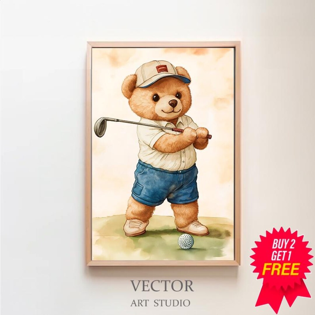 Teddy Bear Playing Golf Art Print Nursery Teddy Bear Art Nursery Sports ...