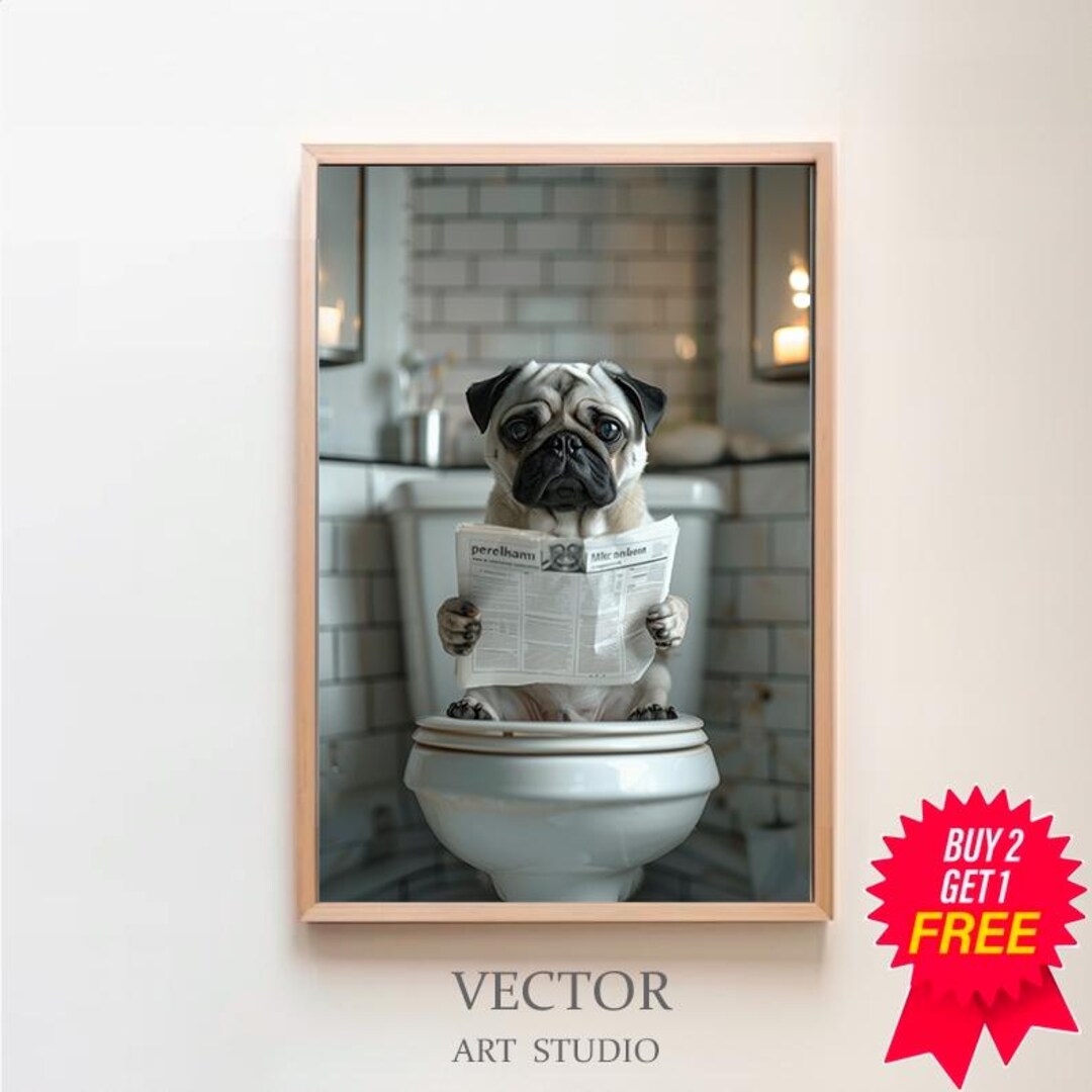 Pug Wall Art, Funny Bathroom Decor, Pug in Toilet, Animal in Toilet ...