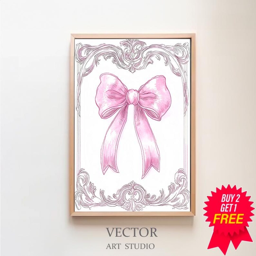 Preppy Pink Coquette Bow Printable, Vintage Girly Wall Art, Hand Drawn ...