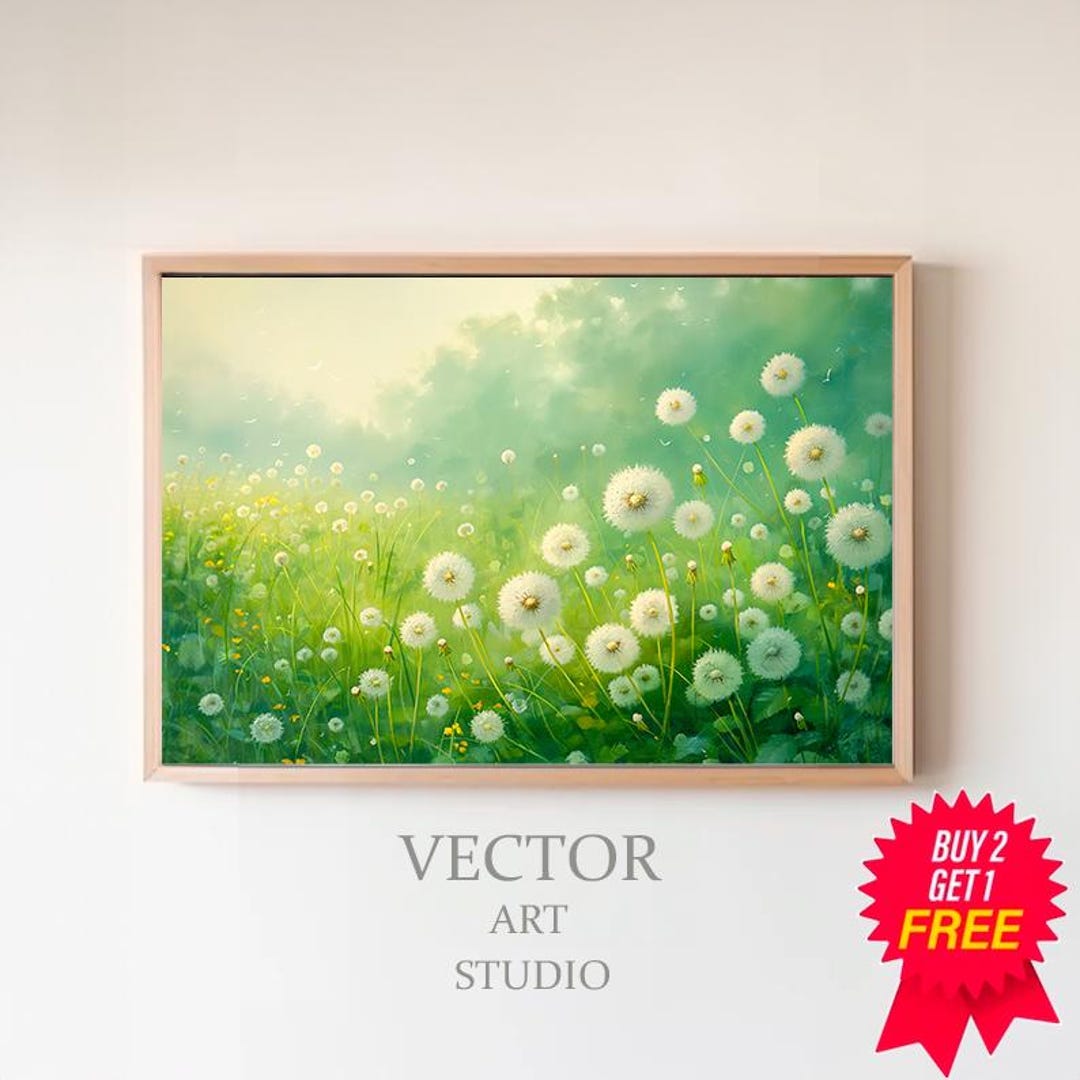 Dandelions Field, Printable Landscape, Vintage Painting, Warm Spring ...