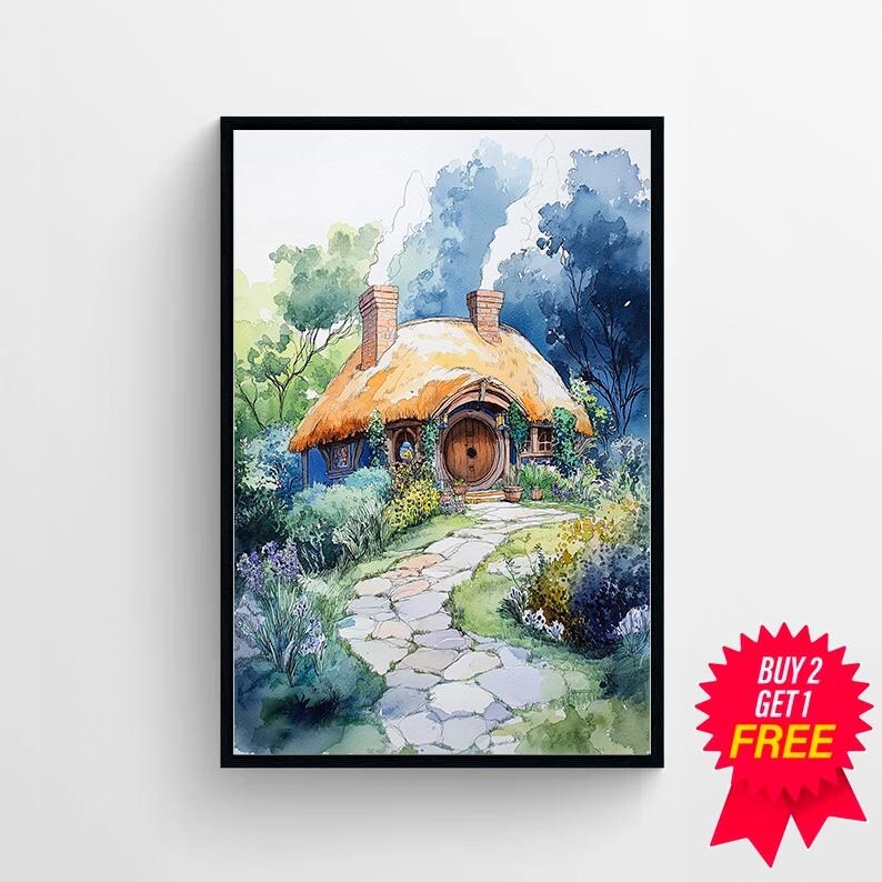 Bag End Painting, Watercolor Hobbiton Painting, Lord, Fantasy Art ...