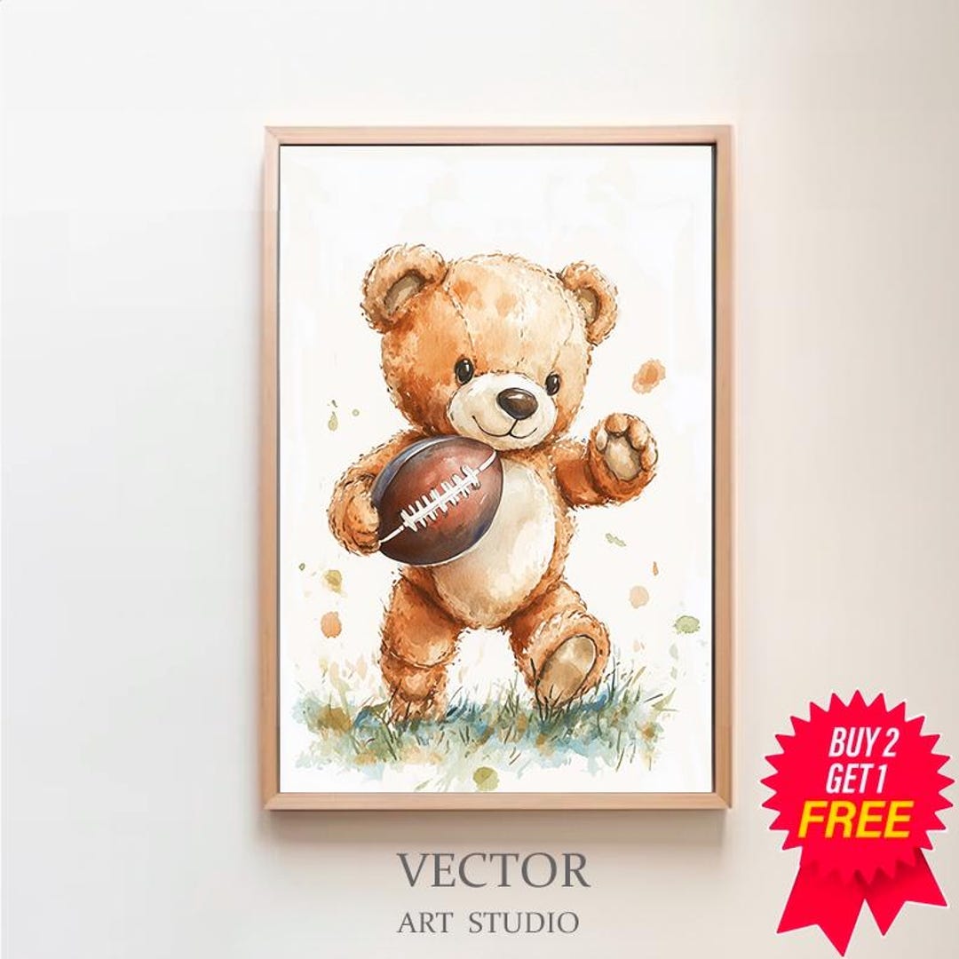 Teddy Bear Playing Football Art Print Football Nursery Bear Art Kids ...