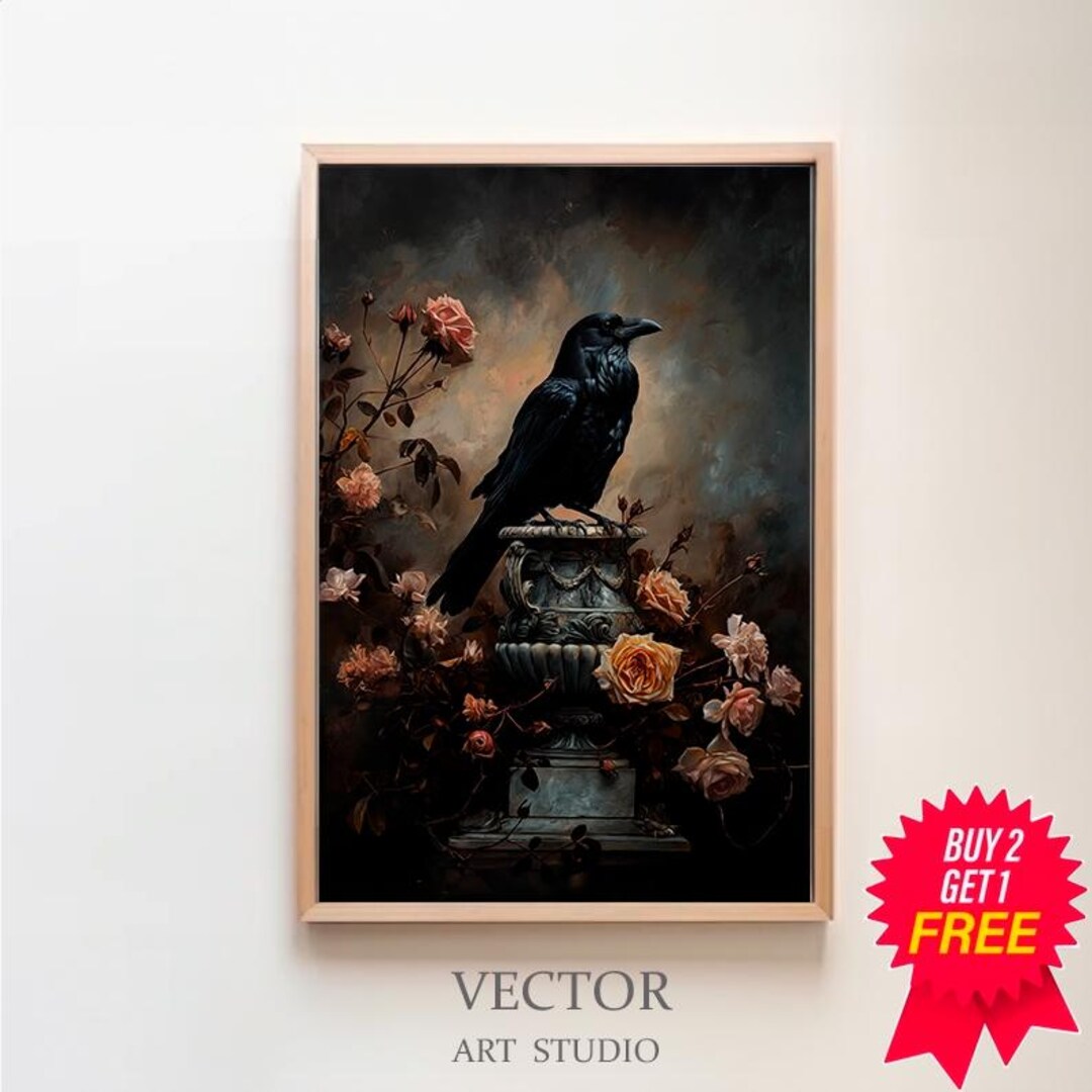 Black Raven Still Life Painting Crow Perched With Floral, Black Bird ...
